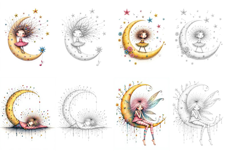 Moon Fairy Grayscale Coloring Book: Fantasy Art for Adults (digital ...