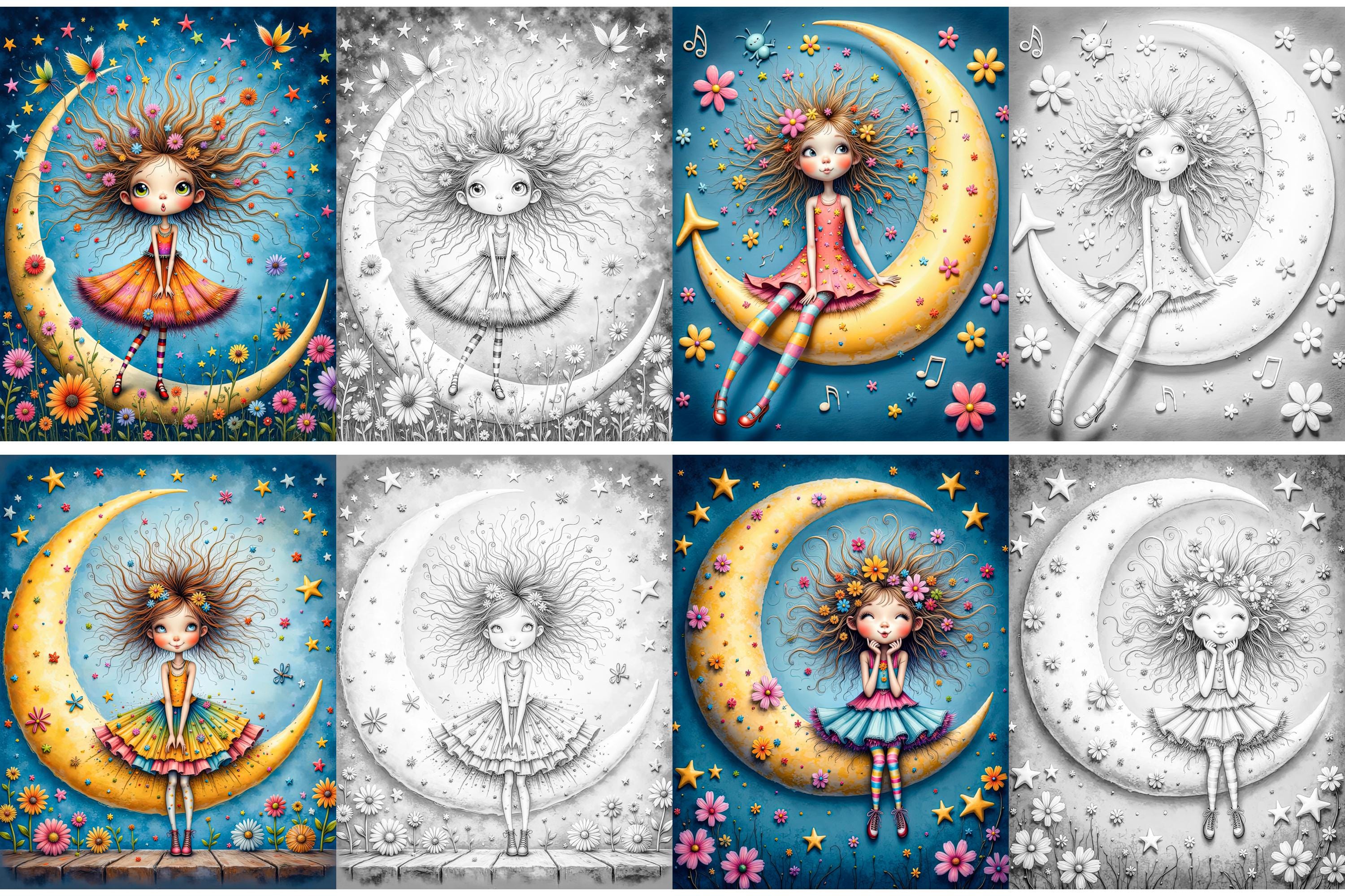 Moon Fairy Grayscale Coloring Book: Fantasy Art for Adults (digital ...