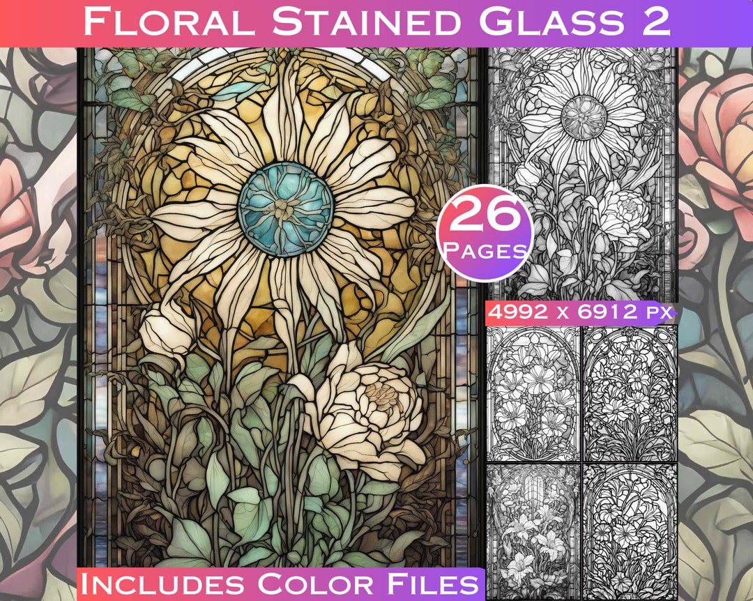 26 Floral Stained Glass Collection 2 Coloring Page, Adults + Kids ...
