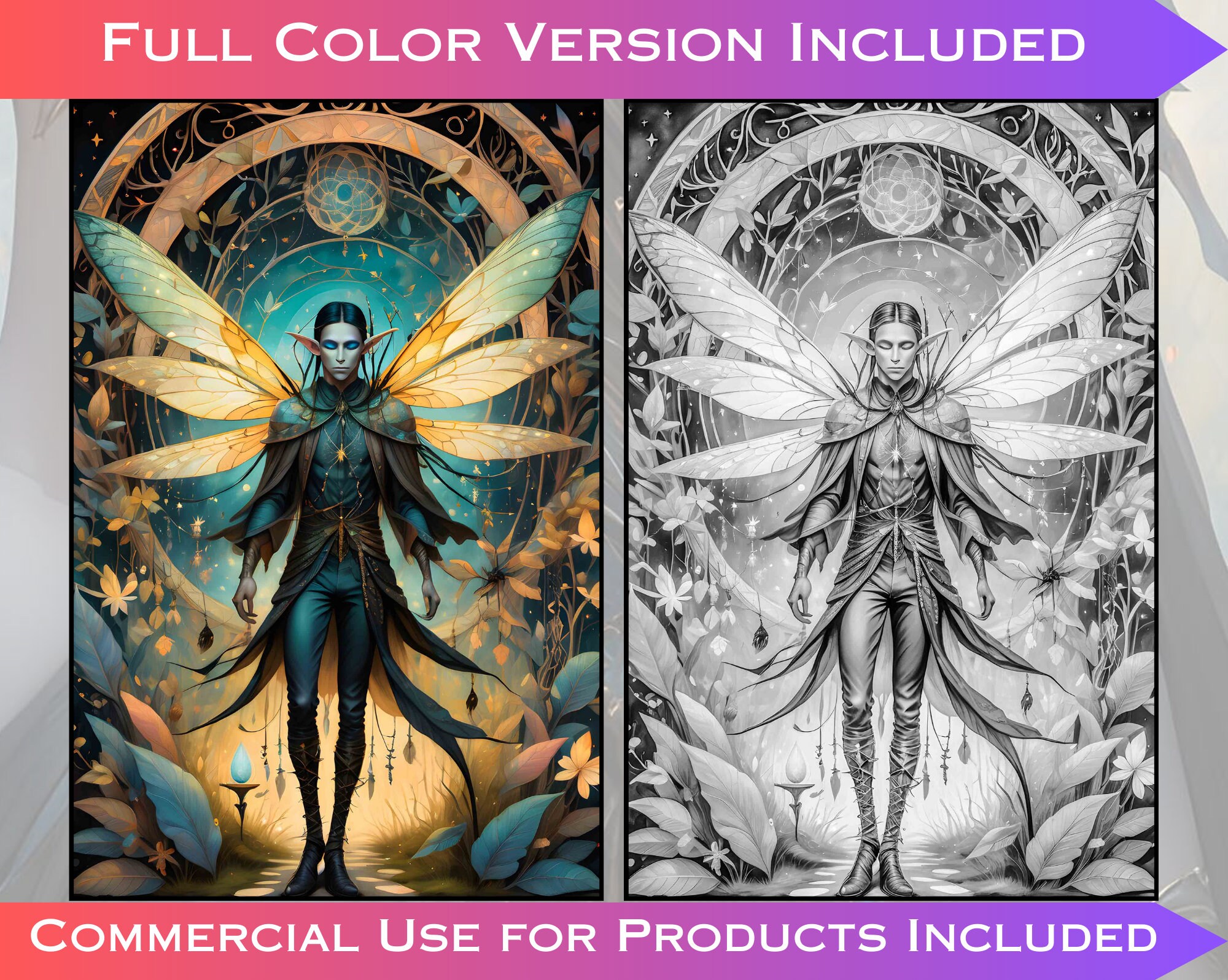 Male Sprite Coloring Book: Elven Fairy Men, Grayscale & Color (digital ...