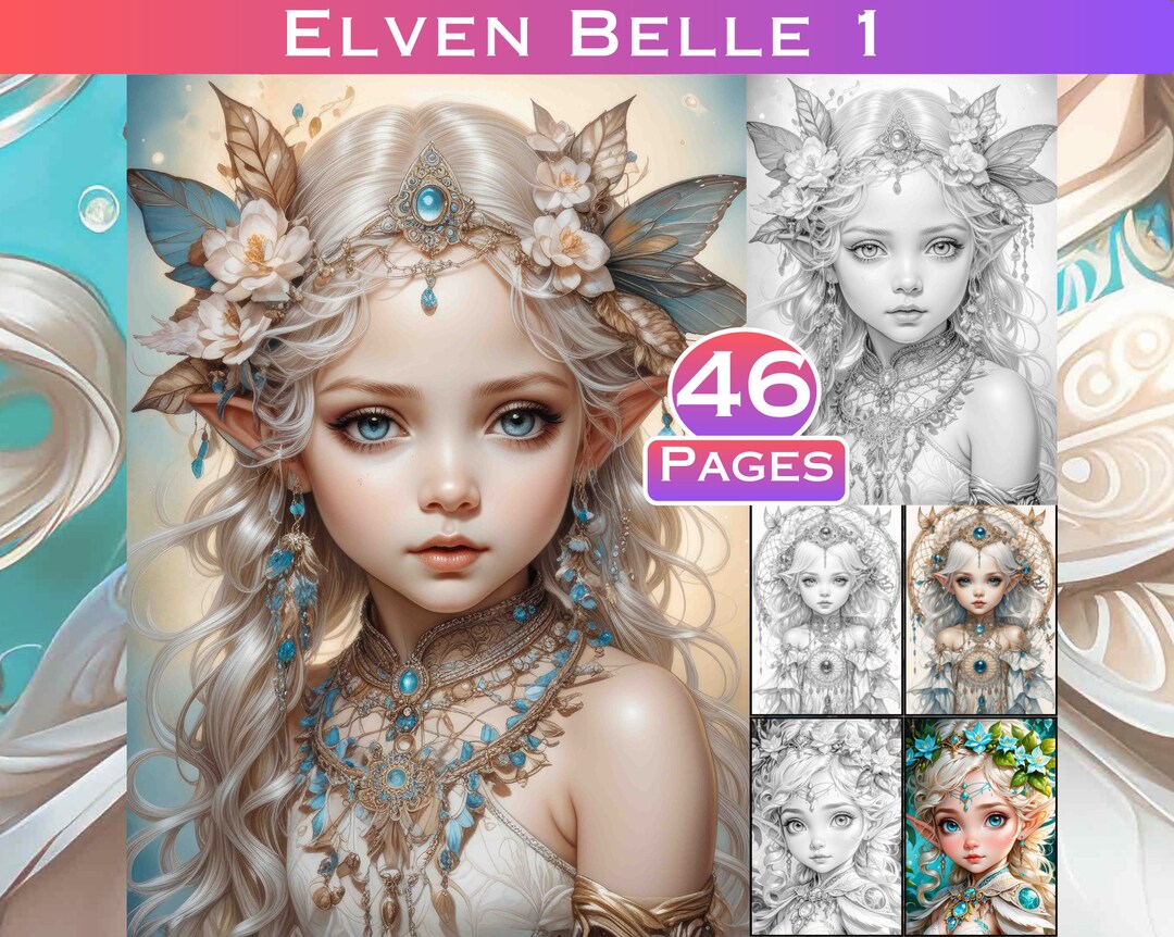 Elven Belle Set 1 Grey-scale Coloring Pages for Adults. Commercial Use ...