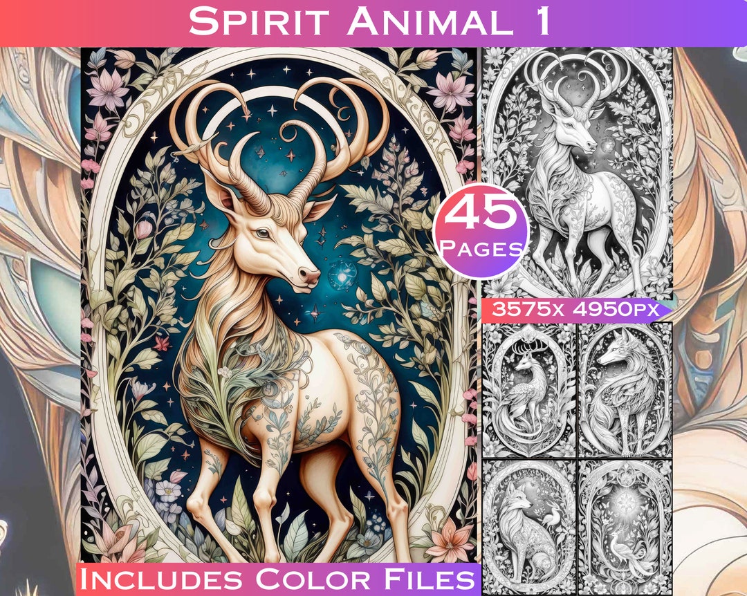 45 Spirit Animals Set 1 With Beautiful Floral Borders Grayscale ...