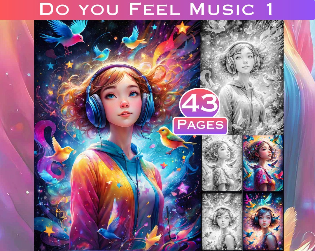 Grayscale Adult Coloring Book: Music Girls, Relaxing Art (PDF) - Etsy
