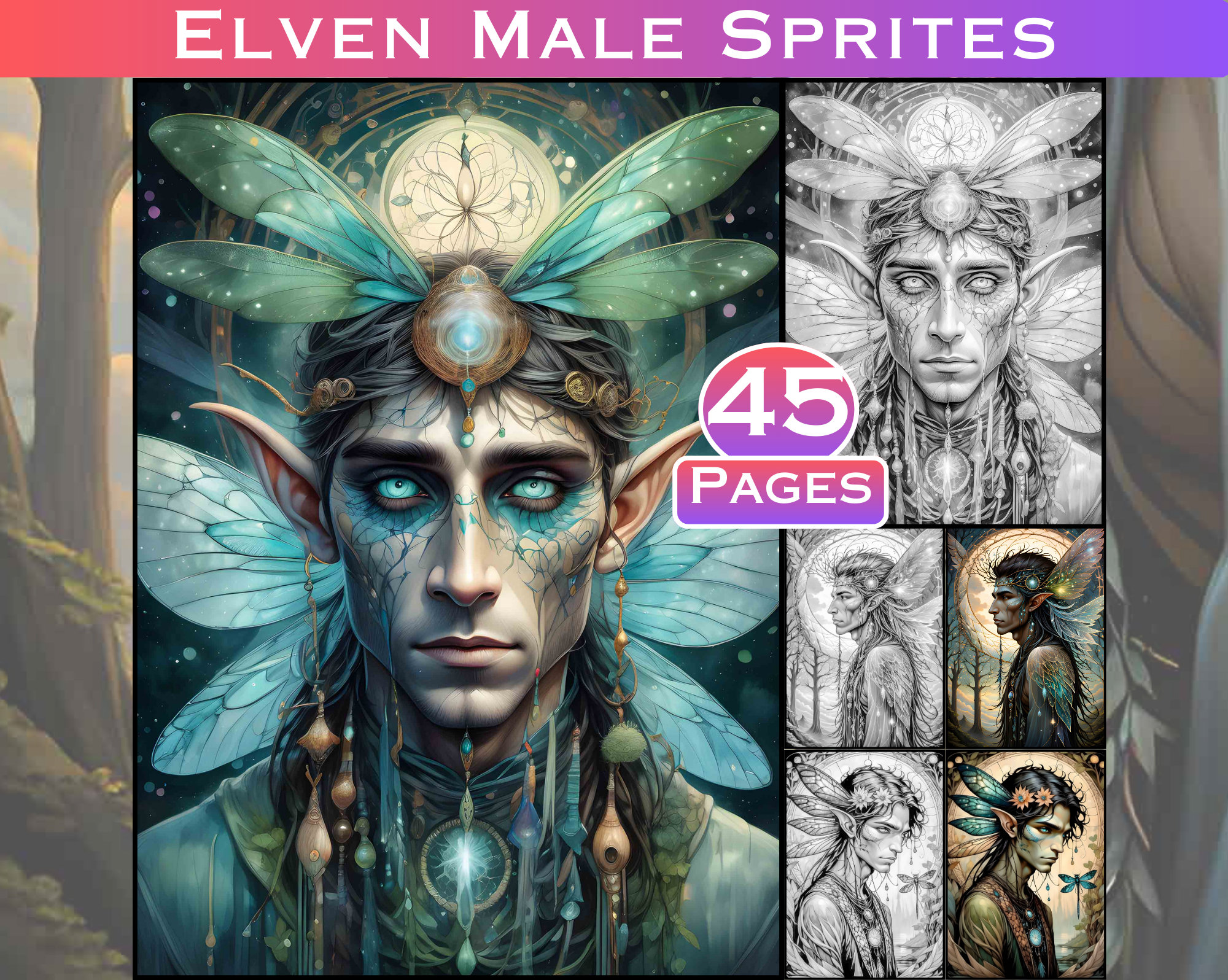 Male Sprite Coloring Book: Elven Fairy Men, Grayscale & Color (digital ...