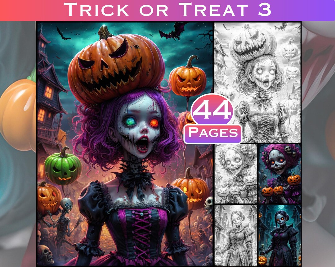 Halloween Coloring Pages: Trick or Treat Grayscale Art (44 Pages ...