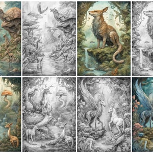 Mystical Animals Grayscale Coloring Book: Fantasy Adult Coloring Pages ...