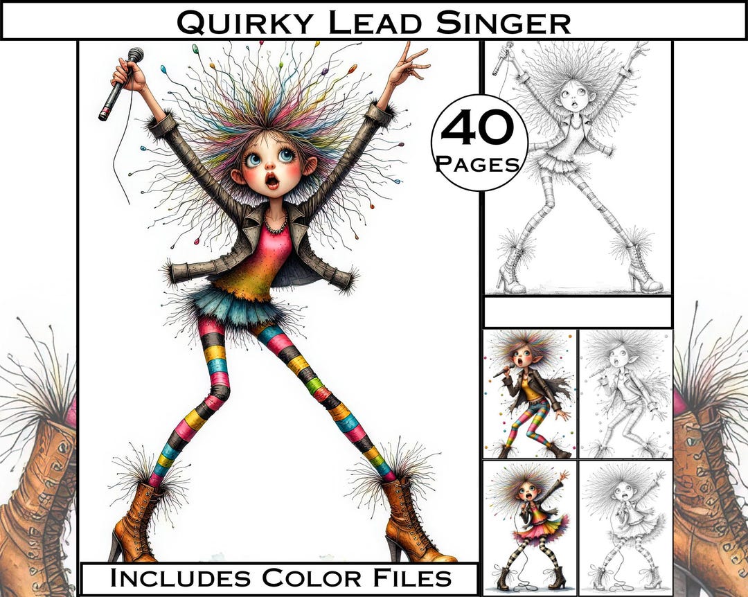 40 Quirky Girl Lead Singer Digital Greyscale Colouring Book Music ...