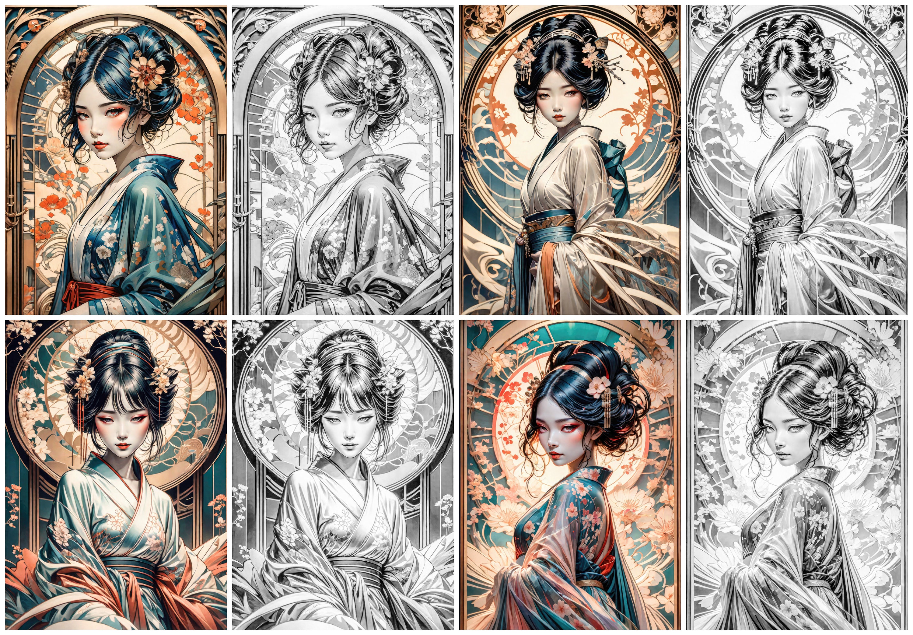 50 Art Nouveau Geisha Grayscale Coloring Pages (digital Download) - Etsy
