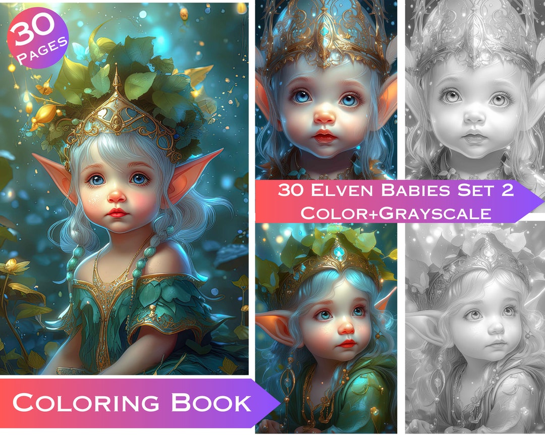 Baby Elf Coloring Pages: Grayscale & Color, Set 2 (digital Download) - Etsy