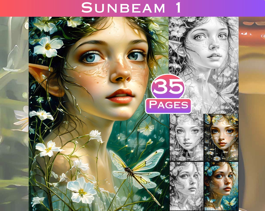 Sunbeam 1 Floral Portraits. A4/A3 Printable Coloring Page for Adults ...