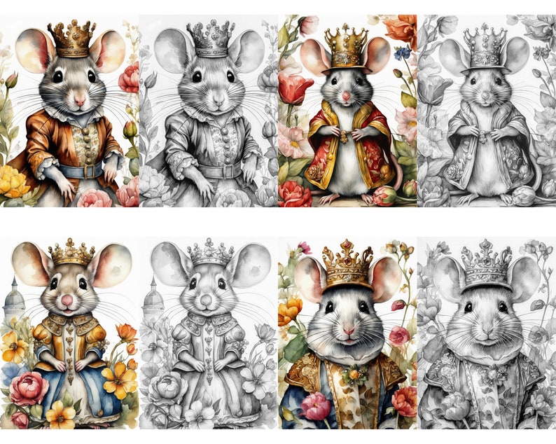 35 Enchanting Royal Mouse Coloring Book Grayscale Pages - Etsy