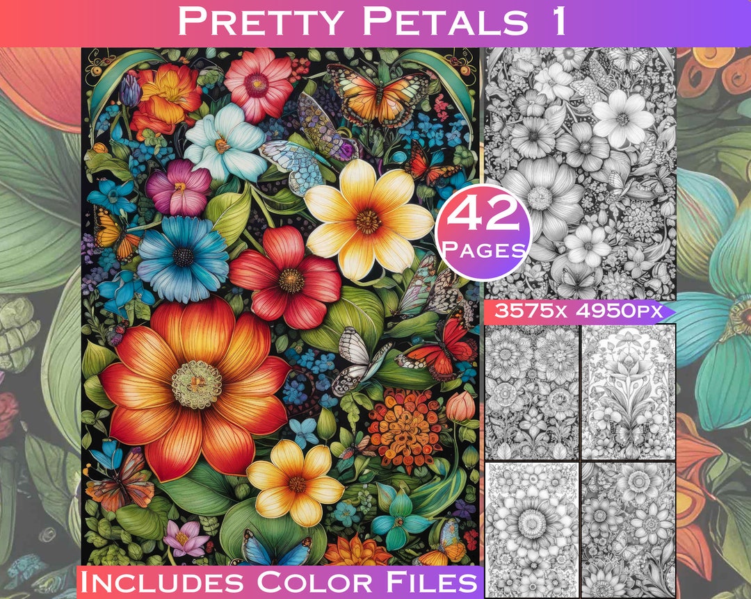 Pretty Petals 1 of 2 Printable Flower Coloring Pages for Adults Petals ...