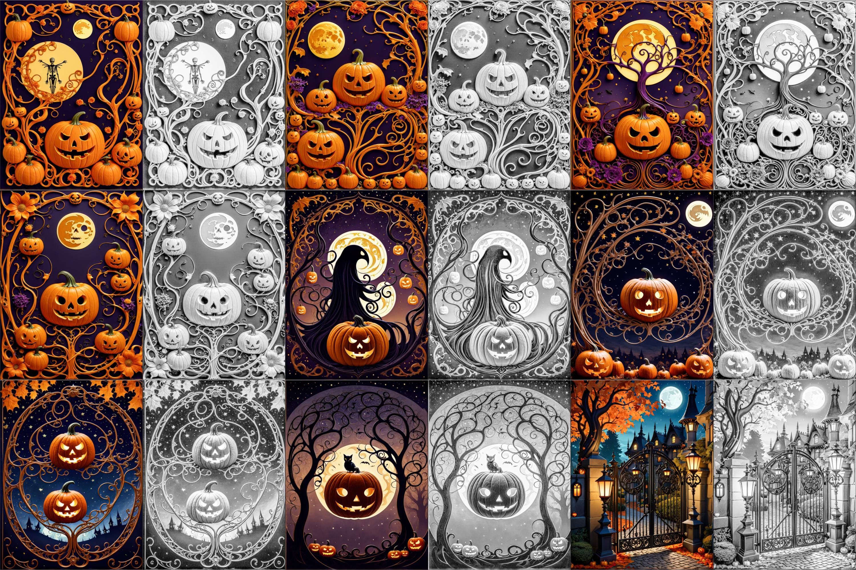 Scary Halloween Coloring Pages: Grayscale Pumpkin & Skeleton Designs ...