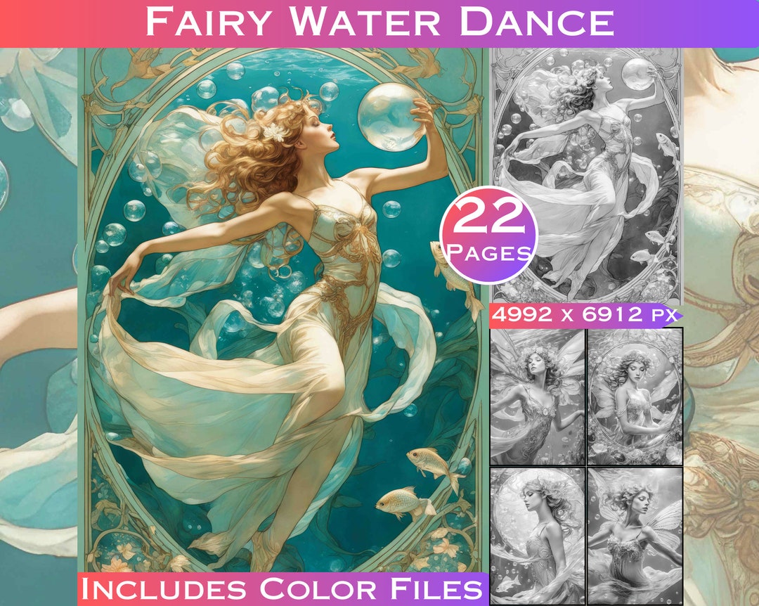 22 Beautiful Fairies Dancing Underwater Grayscale Coloring Pages Adult ...