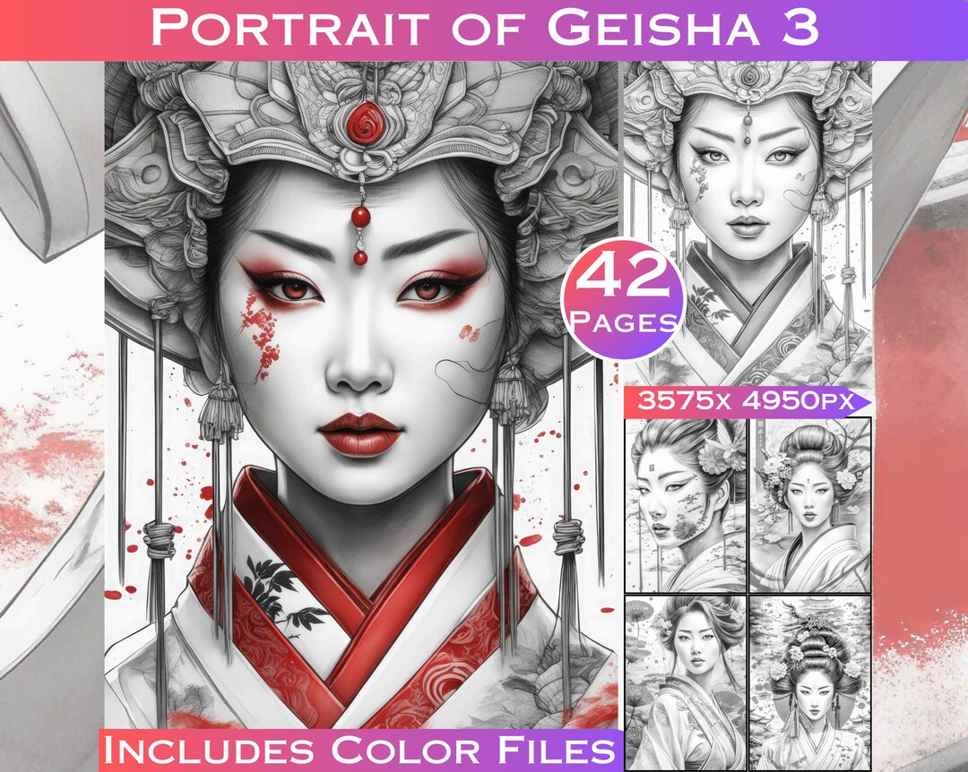 42 Portrait of Geisha 3 Japanese Digital Coloring Pages Traditional ...