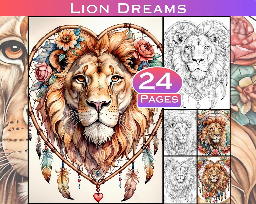 Lion Dreamcatcher Grayscale Coloring Book: Animal Designs (digital ...