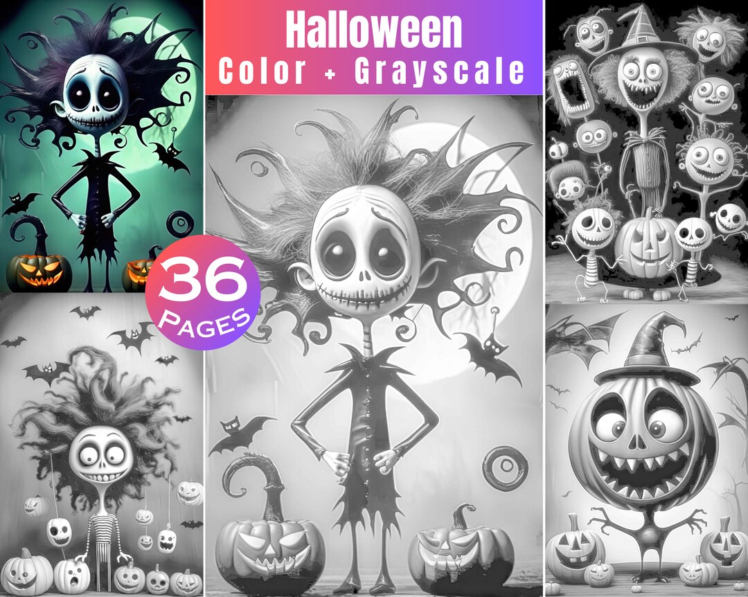 36 Halloween Tim Burton Coloring Pages. Full Color Plus Grey Scale ...