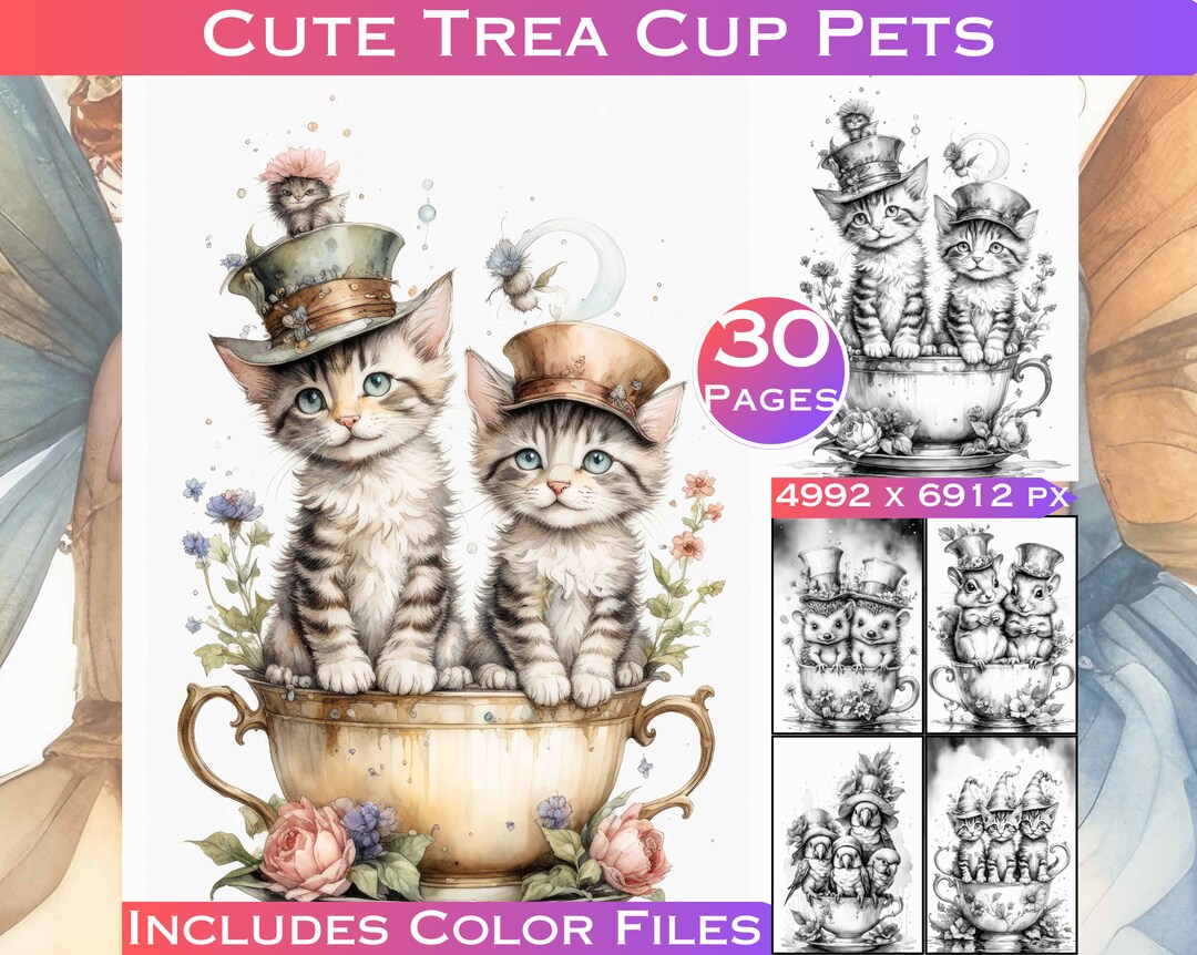 30 Tea Cup Companions Grey Scale Digital Colouring Pages for Adults ...