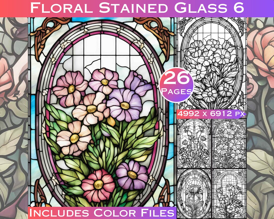 Floral Stained Glass Coloring Pages: 26 Grayscale Designs (printable ...