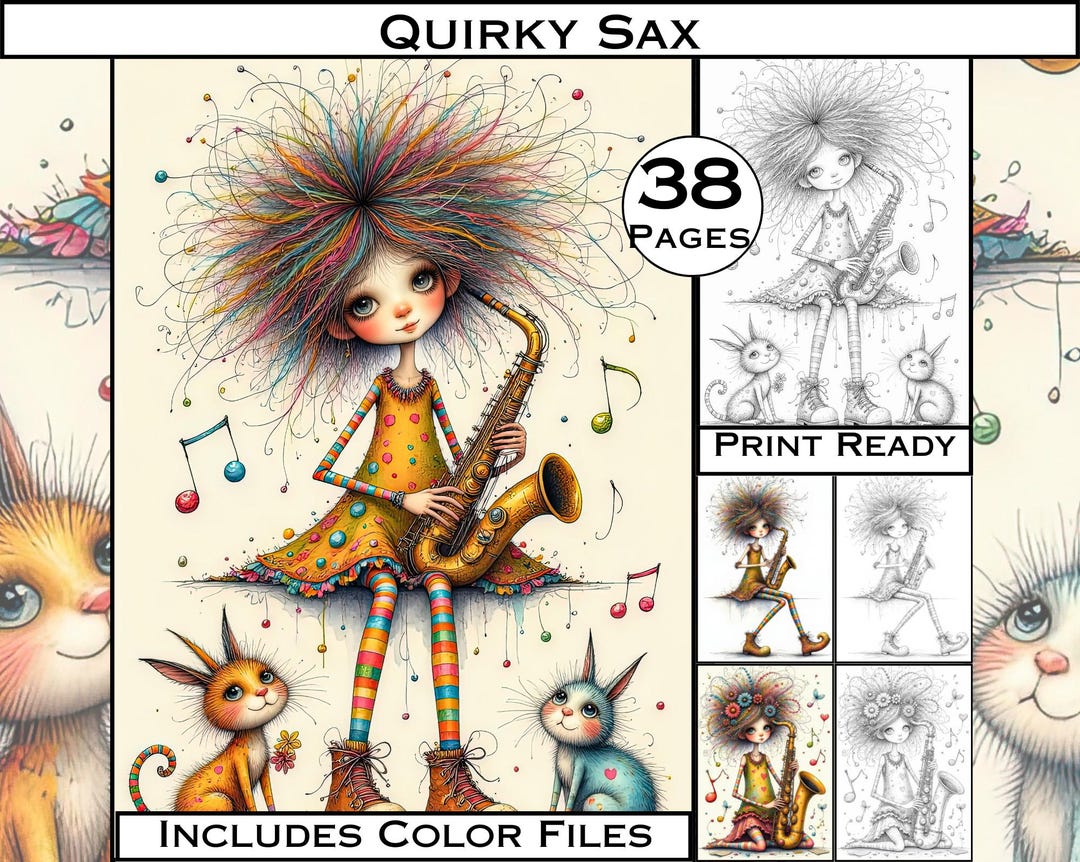 Quirky Saxophone Player. Adult Coloring Pages Digital Download. Music ...