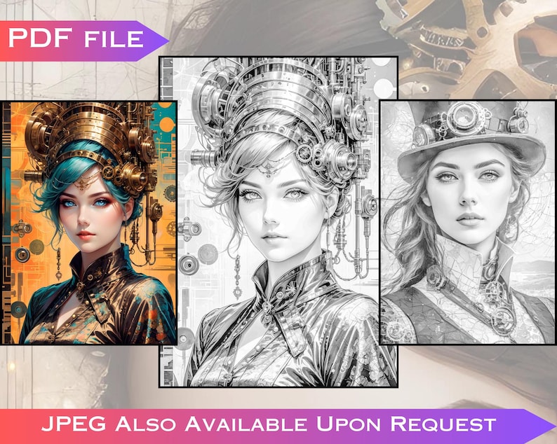 Steampunk Portrait Coloring Book: 36 Grayscale Pages for Adults ...