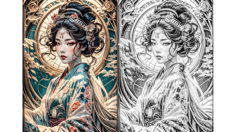 50 Art Nouveau Geisha Grayscale Coloring Pages (digital Download) - Etsy