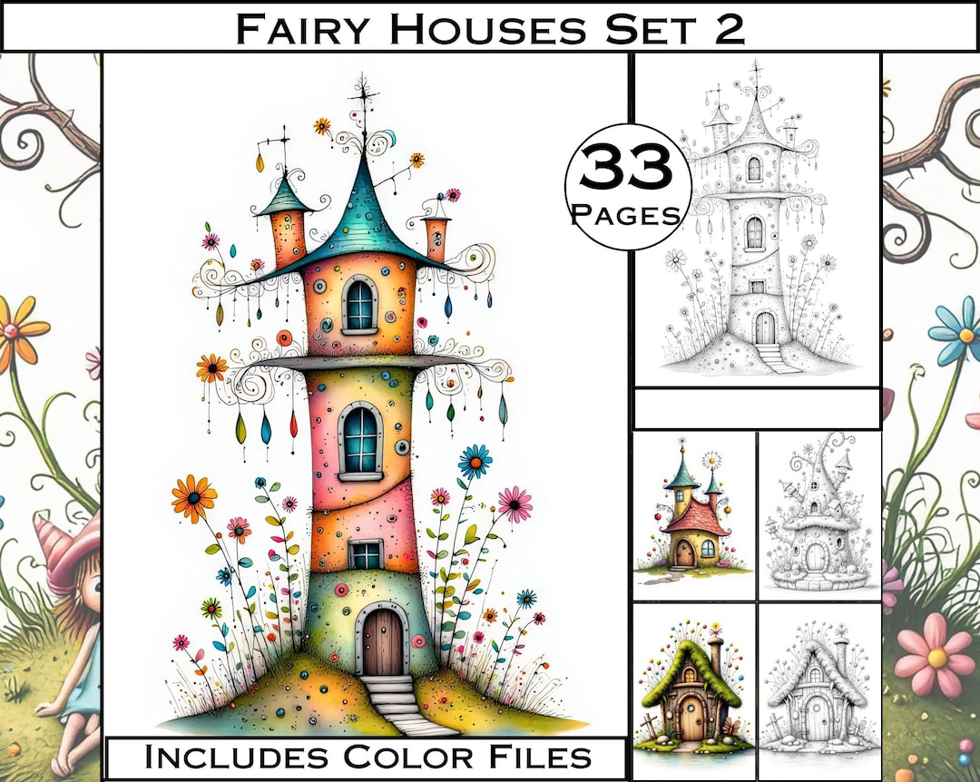 Fairy Houses Coloring Book: Grayscale Illustrations (PDF Download) - Etsy