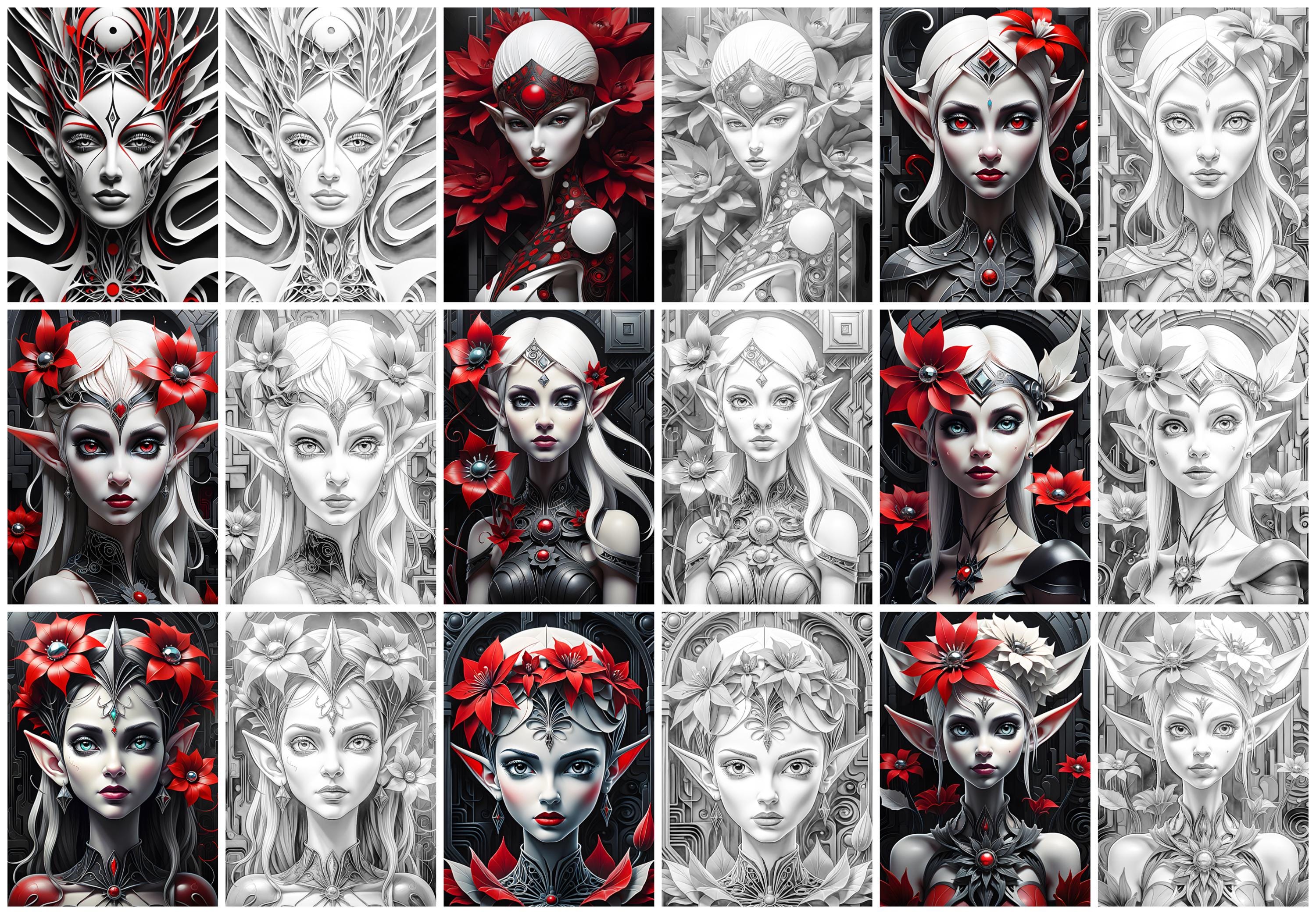 45 Elven Red White Grayscale Coloring Pages of Art Deco Elven Portraits ...