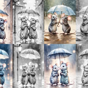 30 Rainy Day Mice With Umbrellas Grey Scale Digital Colouring Pages for ...