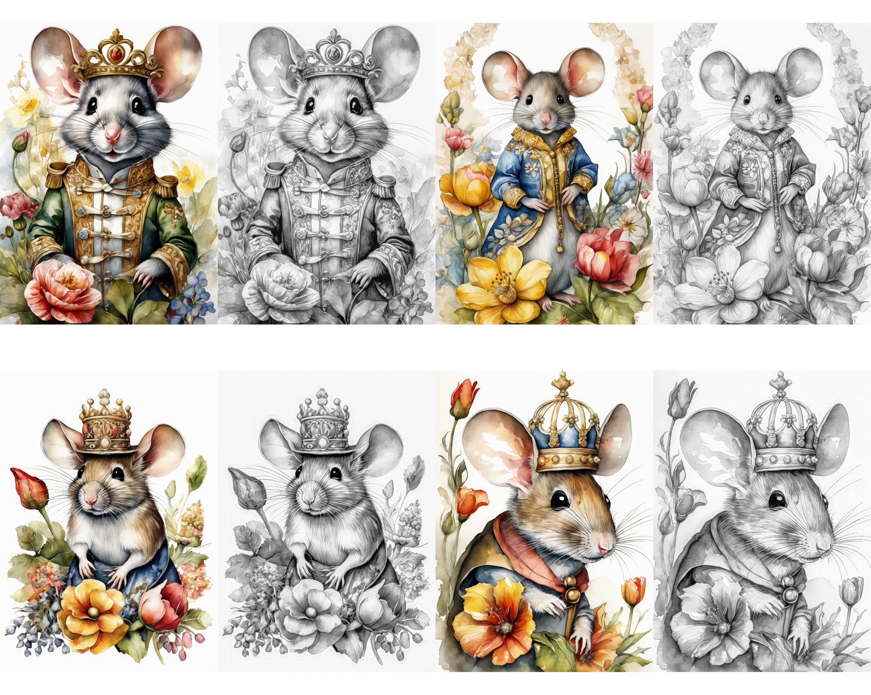 35 Enchanting Royal Mouse Coloring Book Grayscale Pages - Etsy