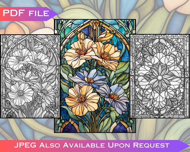 Floral Stained Glass Coloring Page: 38 Grayscale Flower Designs ...