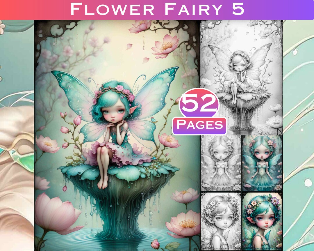 52 Flower Fairy Set 5 Grey Scale Digital Colouring Pages. Fantasy ...