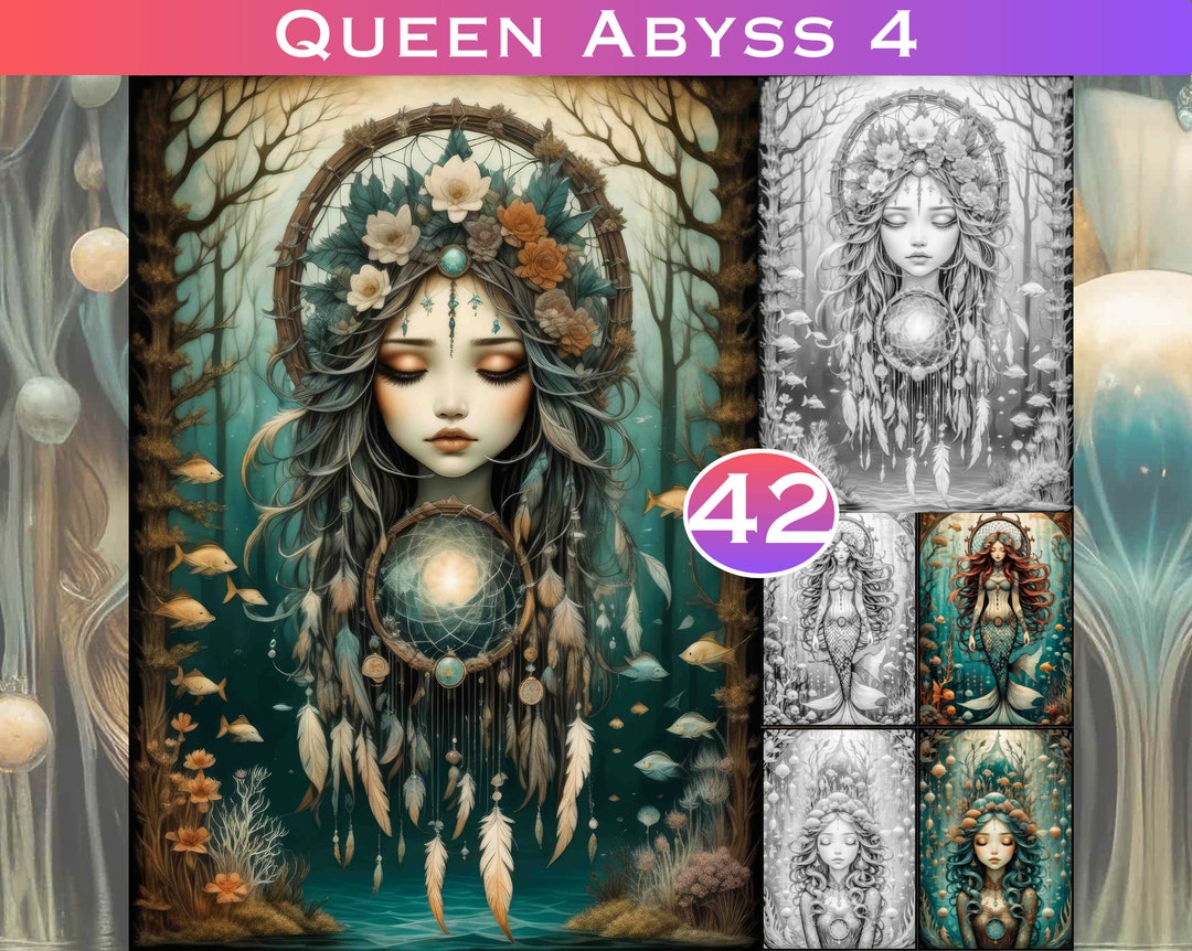 Queen Abyss 4 Deep Sea Queen Greyscale Colouring Book for Adult Relaxation. Instant Digital ...