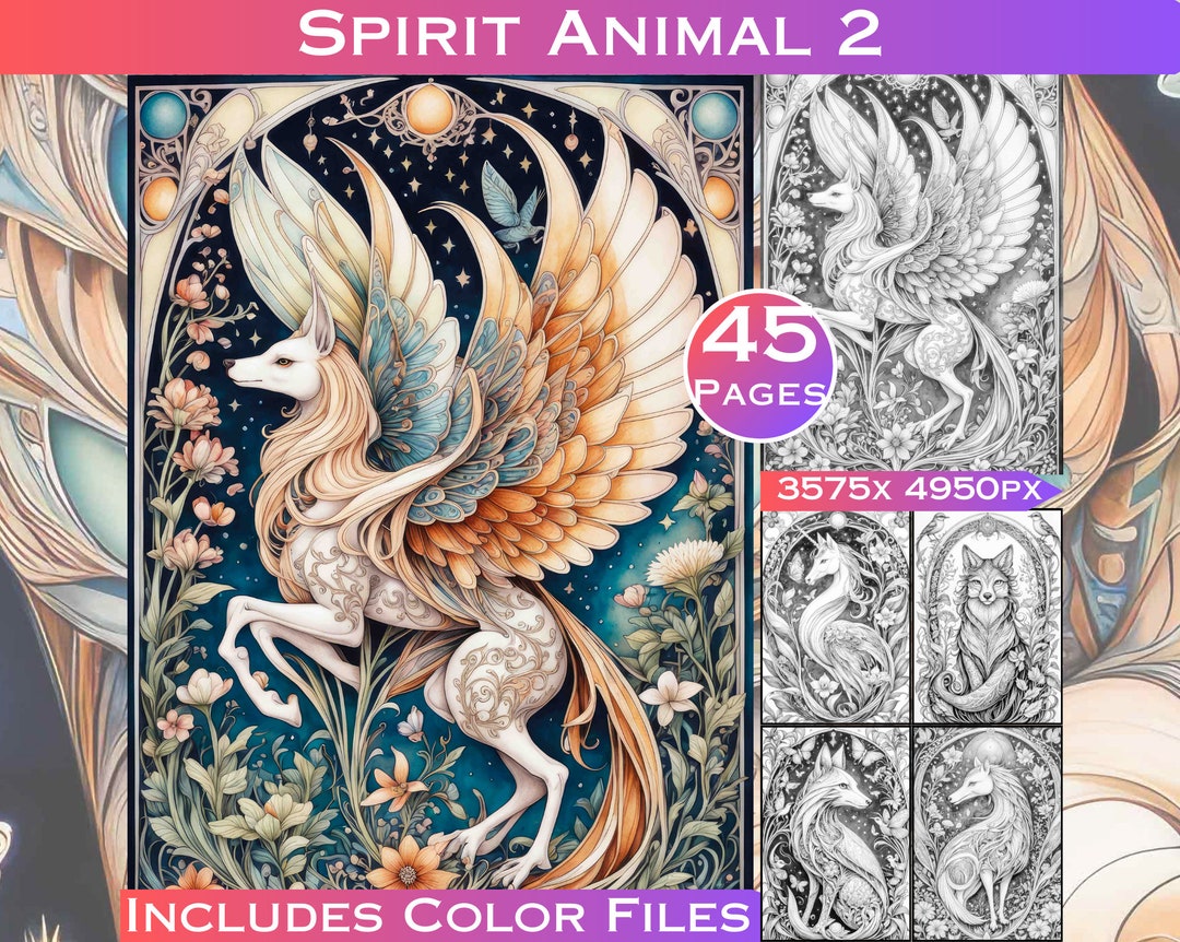 45 Spirit Animals Set 2 With Beautiful Floral Borders Grayscale ...