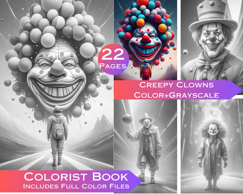 22 Scary Clown Coloring Pages Grayscale Clown Coloring Book - Etsy