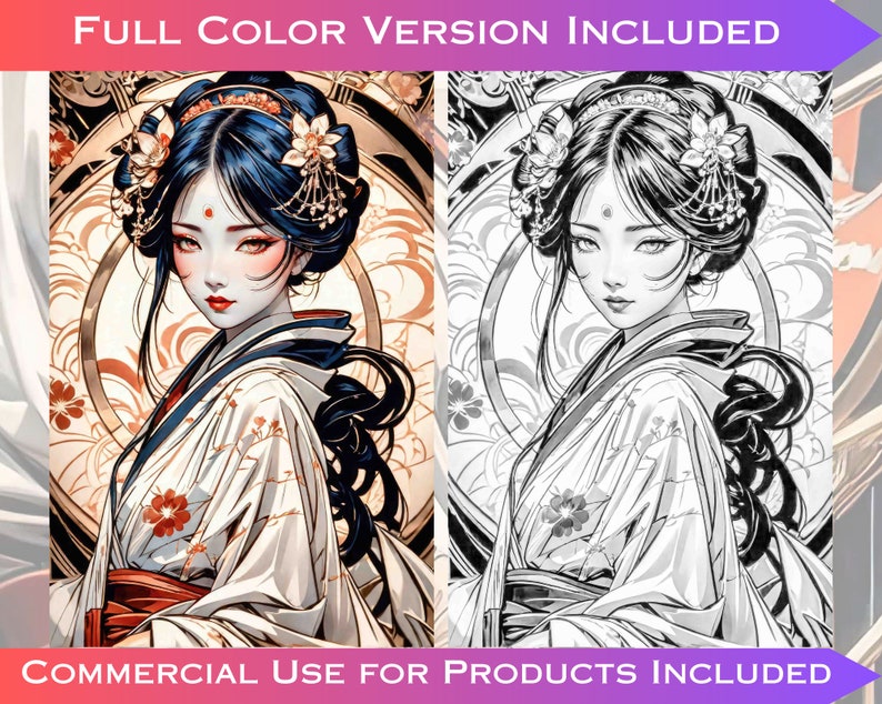 50 Art Nouveau Geisha Grayscale Coloring Pages (digital Download) - Etsy