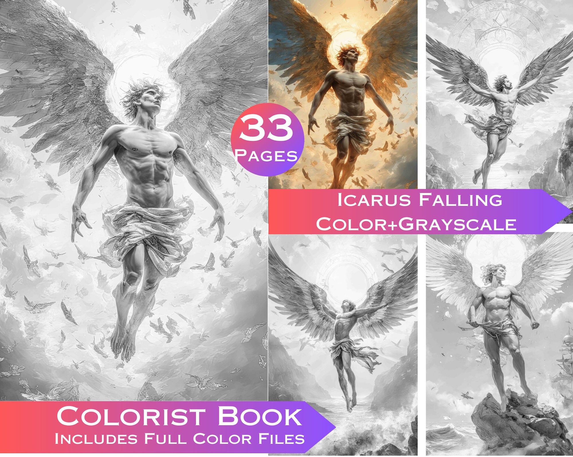 Icarus Falling Coloring Book: 33 Mythical Grayscale Pages (digital ...