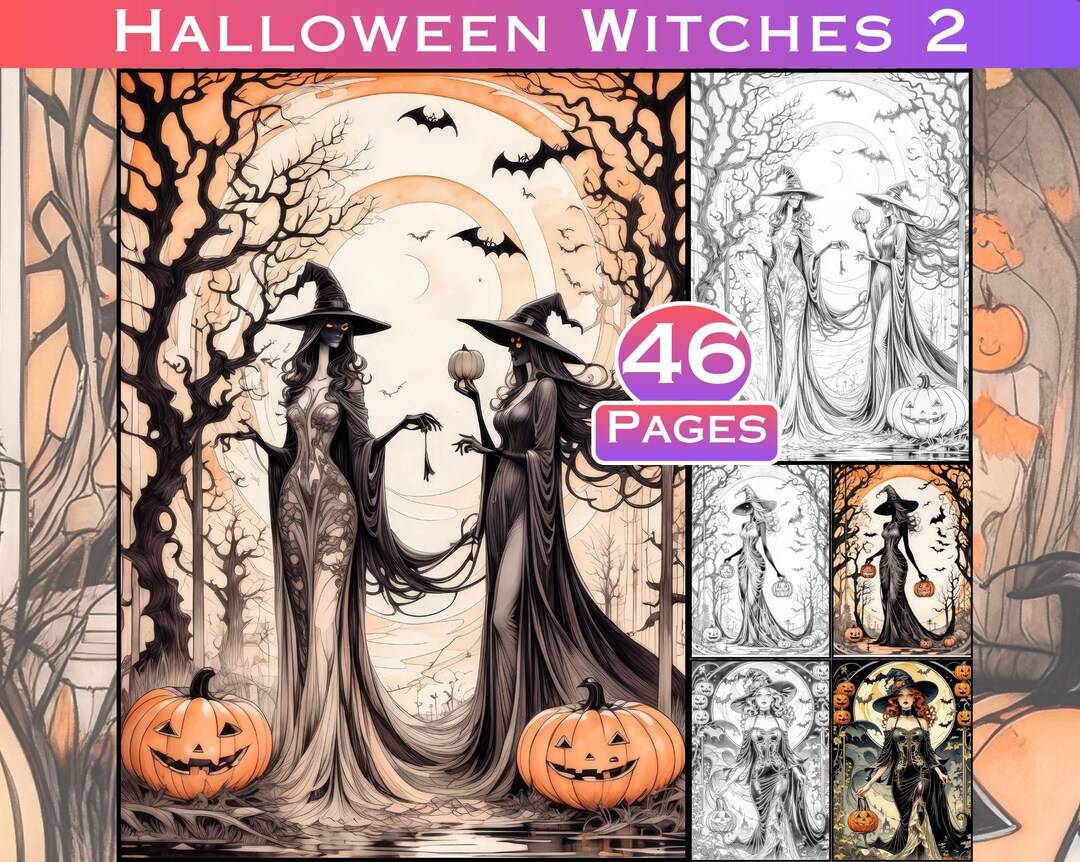 Spooky Halloween Witches Coloring Book: 46 Grayscale Pages (PDF Pattern ...
