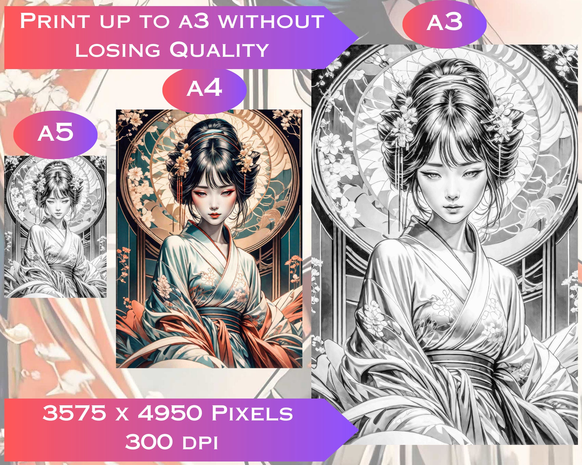 50 Art Nouveau Geisha Grayscale Coloring Pages (digital Download) - Etsy