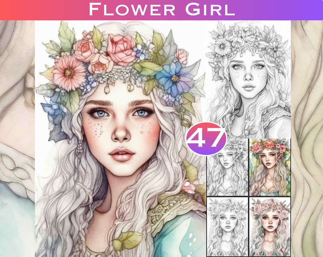 47 Flower Girl Portraits. A4/A3 Printable Coloring Page for Adults ...