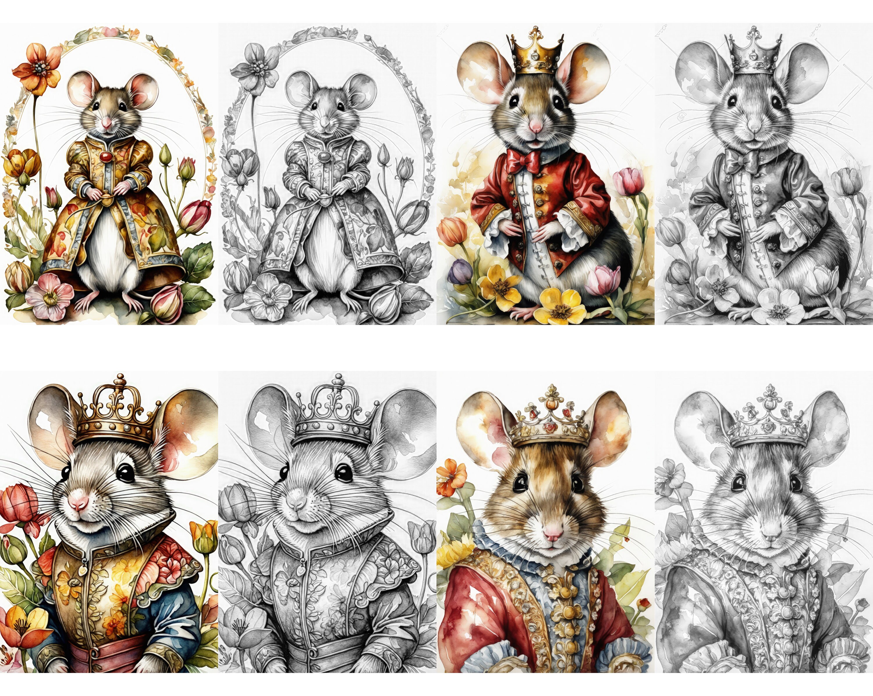 35 Enchanting Royal Mouse Coloring Book Grayscale Pages - Etsy