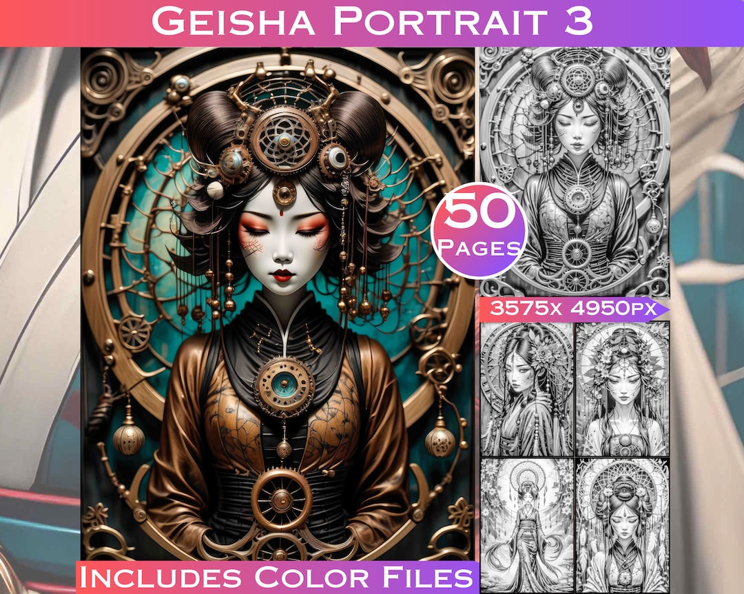 50 Geisha Portrait 3 Art Nouveau Grayscale Digital Coloring Page Geisha ...