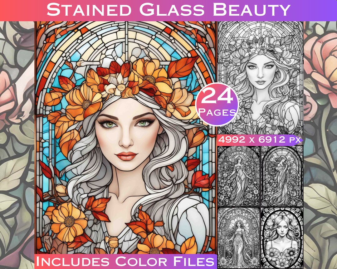 24 Stained Glass Beauty Portraits 2: Art Nouveau Grayscale Coloring ...