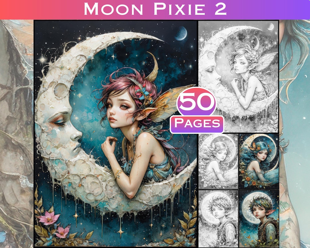Moon Pixie 2 Grayscale Coloring Book 50 Pages With Art Nouveau Pixie Fairy Inspiration Digital ...