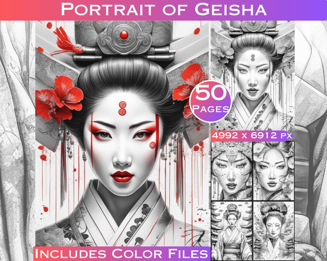 50 Portrait of Geisha Japanese Digital Coloring Pages Traditional ...
