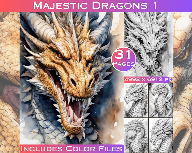 Majestic Dragons Grayscale Coloring Book: 31 Fantasy Pages (commercial ...