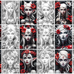 45 Elven Red White Grayscale Coloring Pages of Art Deco Elven Portraits ...