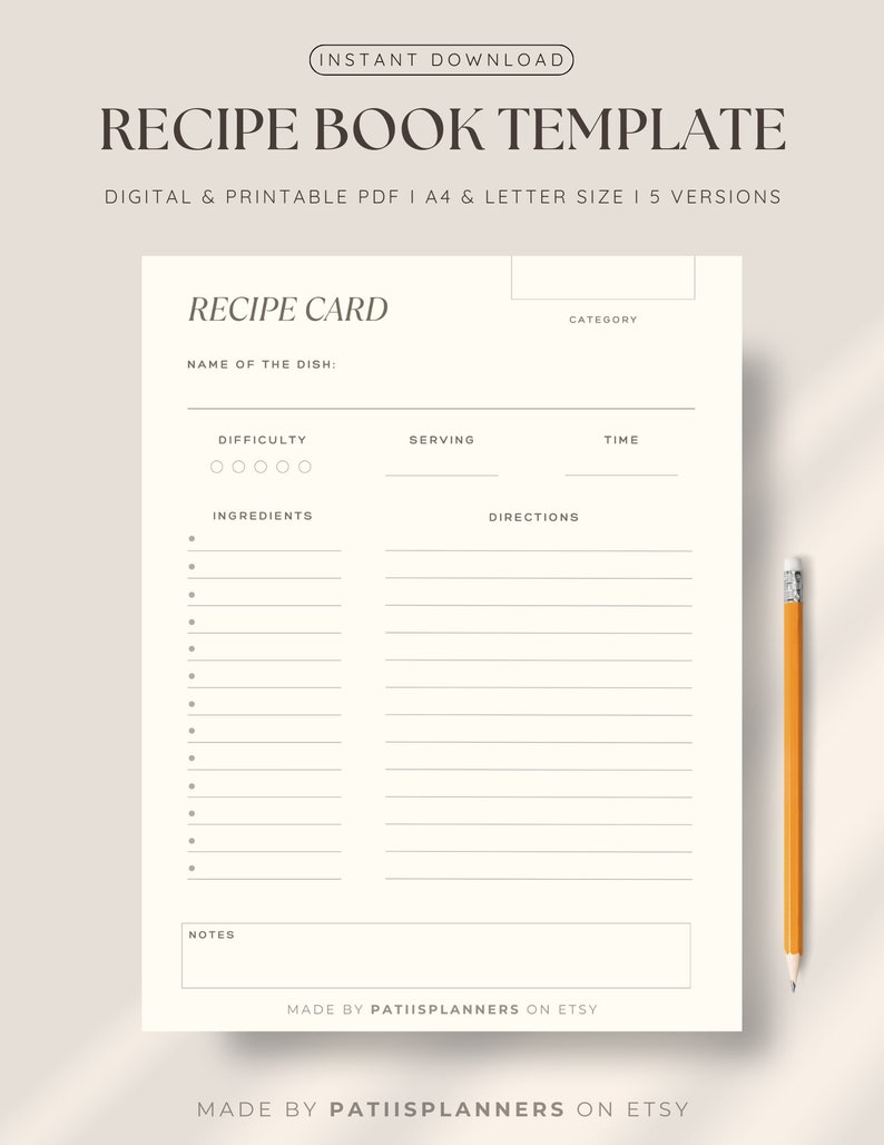 Recipe Book Template Printable, Digital Recipe Planner, Blank Recipe ...