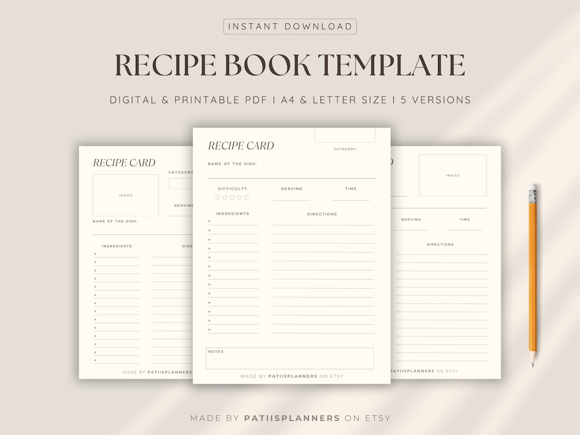 Recipe Book Template Printable, Digital Recipe Planner, Blank Recipe ...