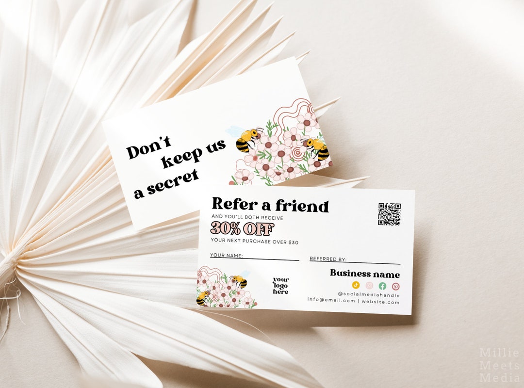 Retro Refer A Friend Canva Template, Floral & Bee Discount Card ...